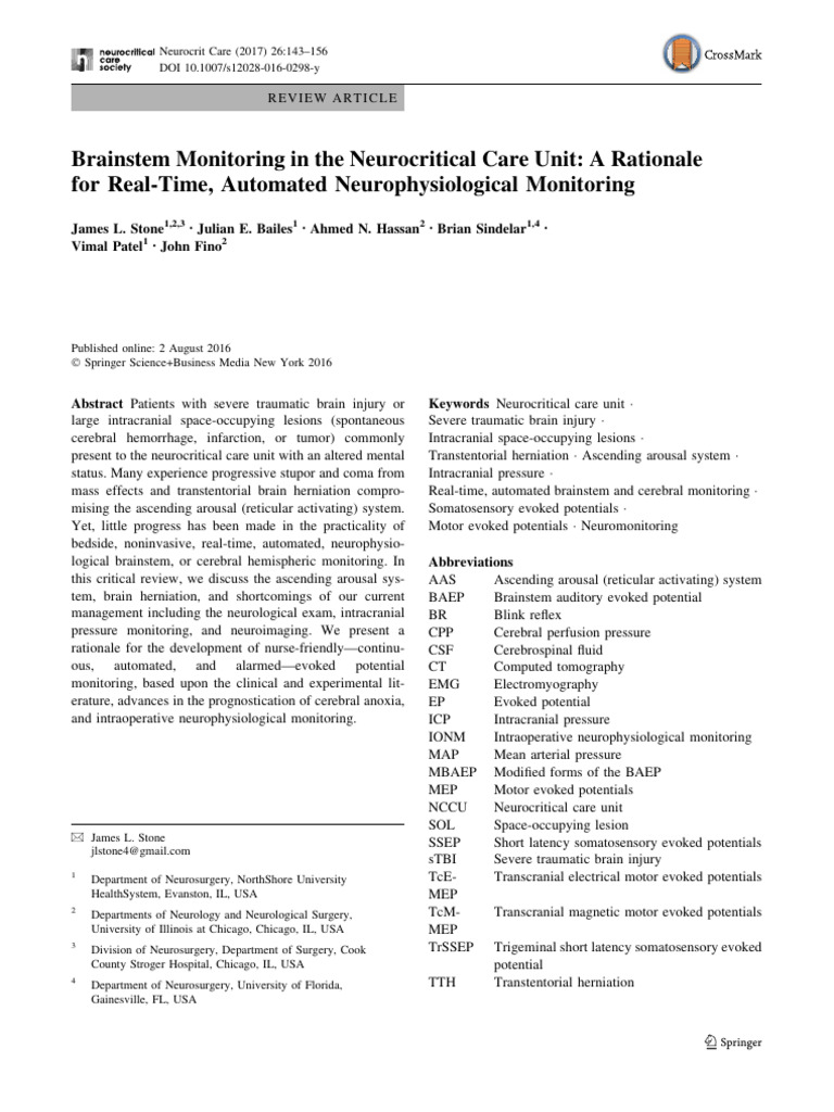 Brainstem Monitoring in The Neurocritical Care Unit | PDF | Coma | Clinical Medicine