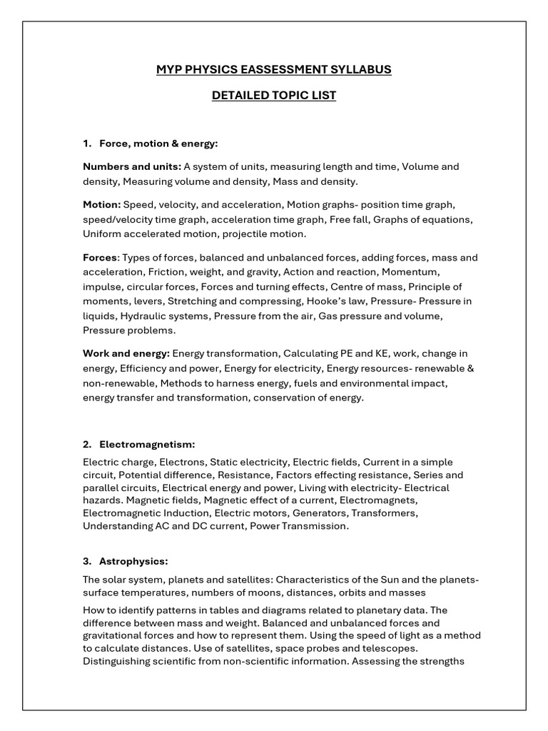 MYP Physics Assessment Syllabus | PDF | Force | Radiation