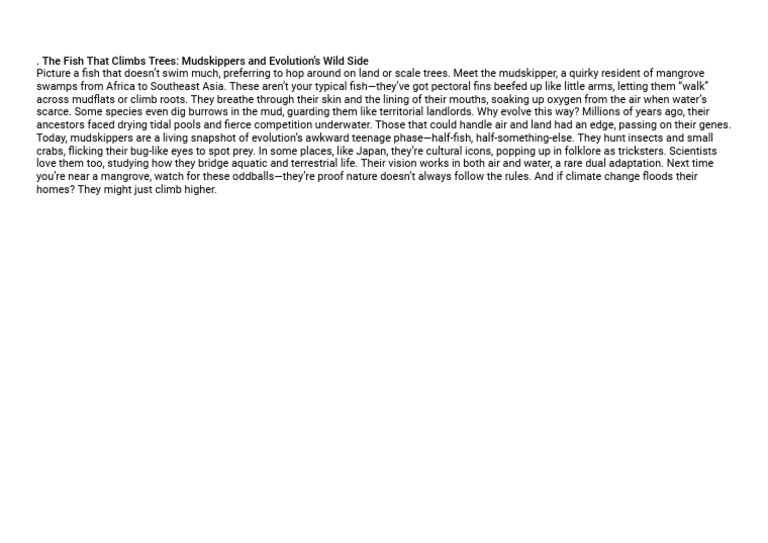 The Fish That Climbs Trees - Mudskippers and Evolution's Wild Side | PDF