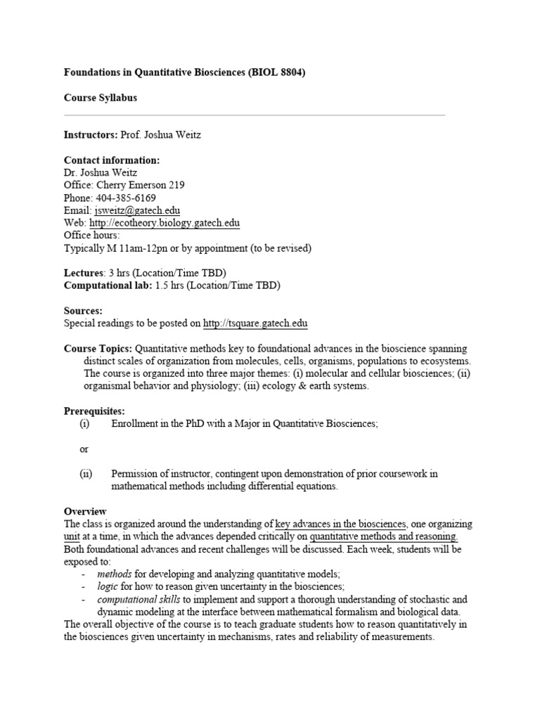 Quantitative Biosciences Syllabus | PDF | Quantitative Research | Ecology