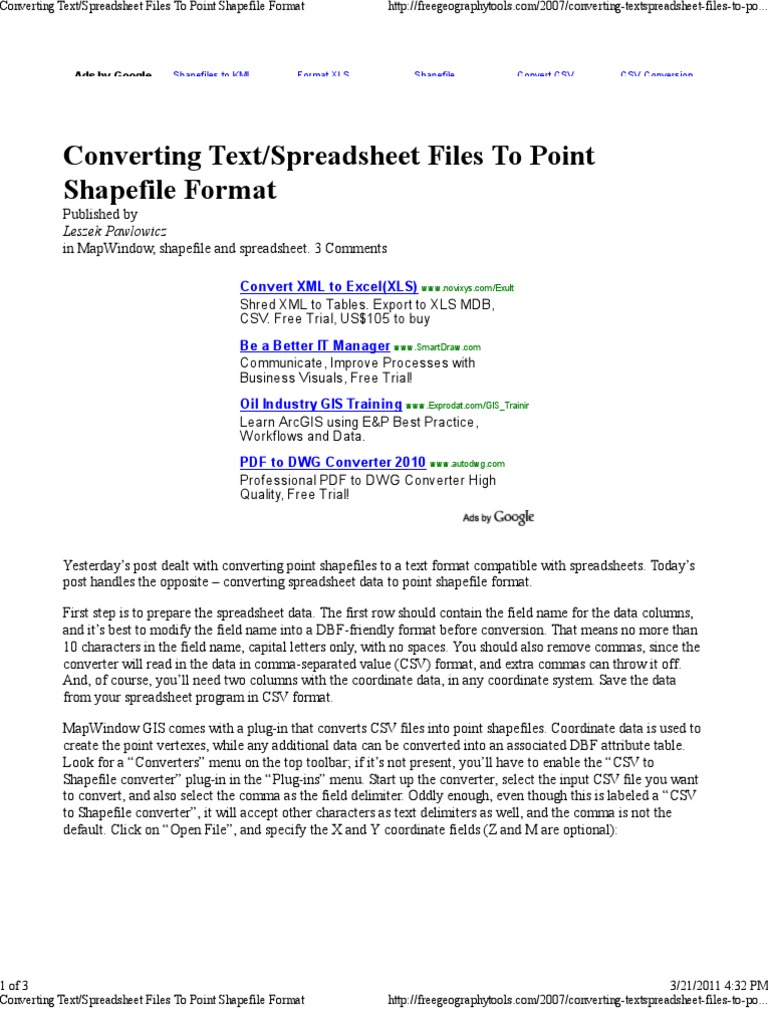 Converting Text - Spreadsheet Files To Point Shapefile Format | PDF ... Converting Text - Spreadsheet Files To Point Shapefile Format | PDF ...