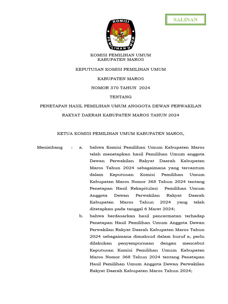 Salinan SK Penetapan Hasil Pemilu Maros Tahun 2024 | PDF