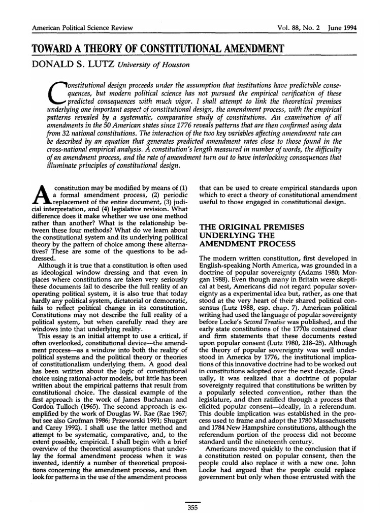 LUTZ, Donald S. Toward A Theory of Constitutional Amendment | PDF | Constitution | Theory