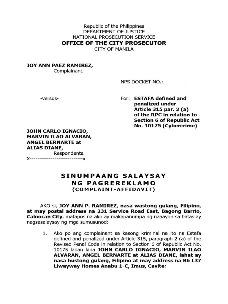 COMPLAINT AFFIDAVIT Estafa Ra 10175 JOY ANN RAMIREZ VS JOHN CARLO ...