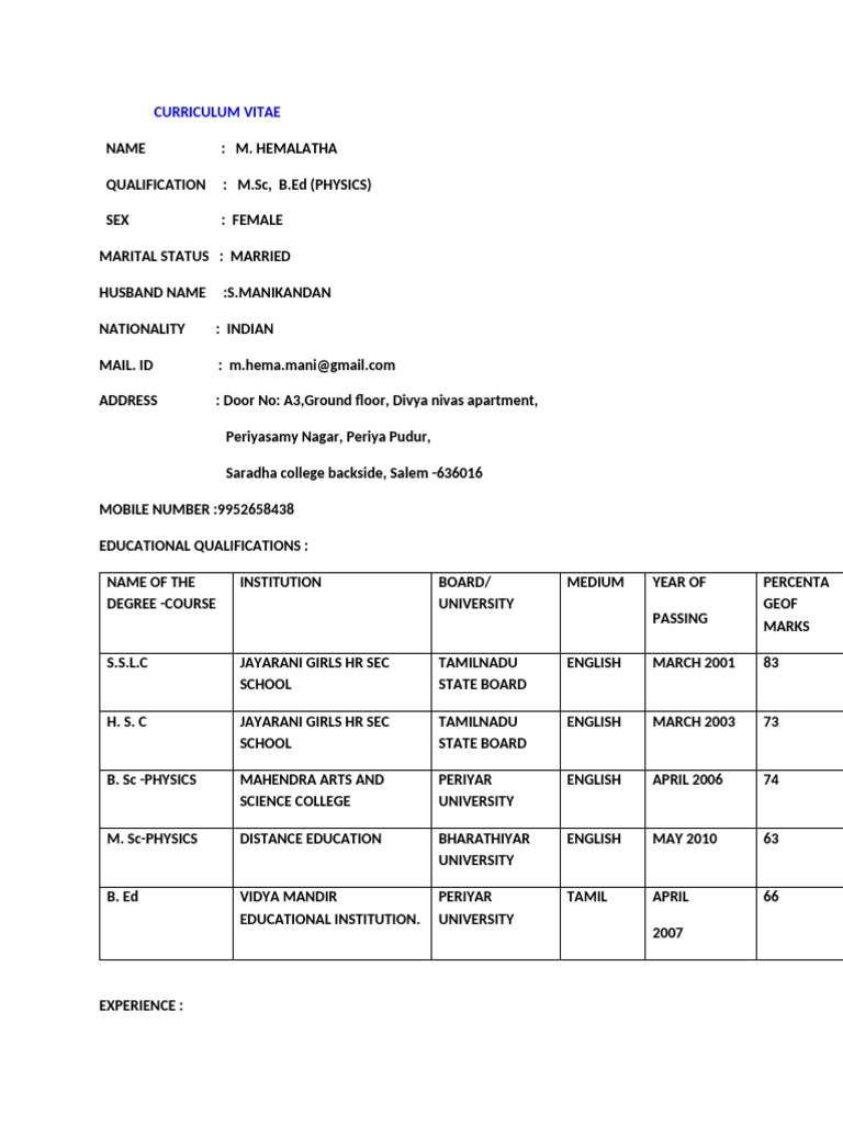 Resume Hema | PDF | South India | Tamil Nadu