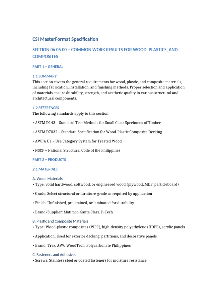 CSI MasterFormat 06 05 00 Common Work Results For Wood Plastics ...