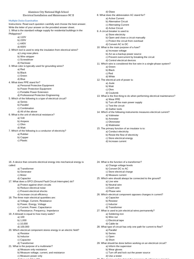 Electrical Installation Exam Questions | PDF | Electric Current | Voltage