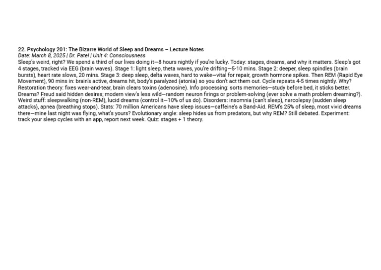 Psychology 201 - The Bizarre World of Sleep and Dreams - Lecture Notes ...