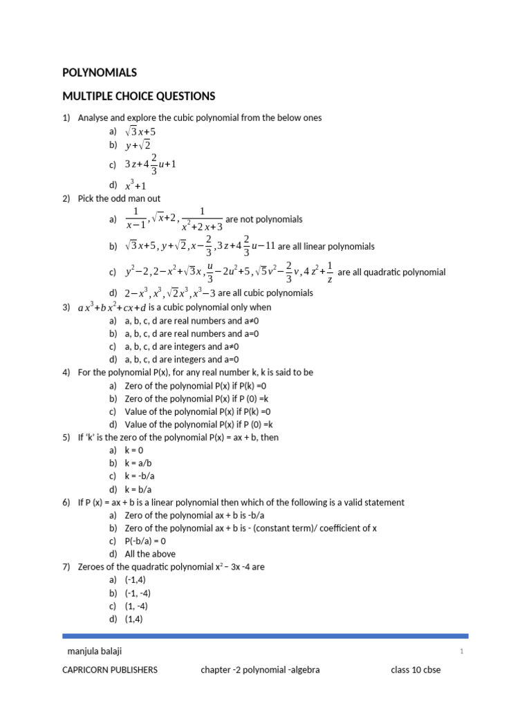 2-POLYNOMIALS MCQ | PDF | Quadratic Equation | Zero Of A Function