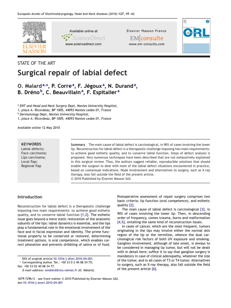 Labial Defect Surgical Repair Techniques | PDF | Lip | Surgery