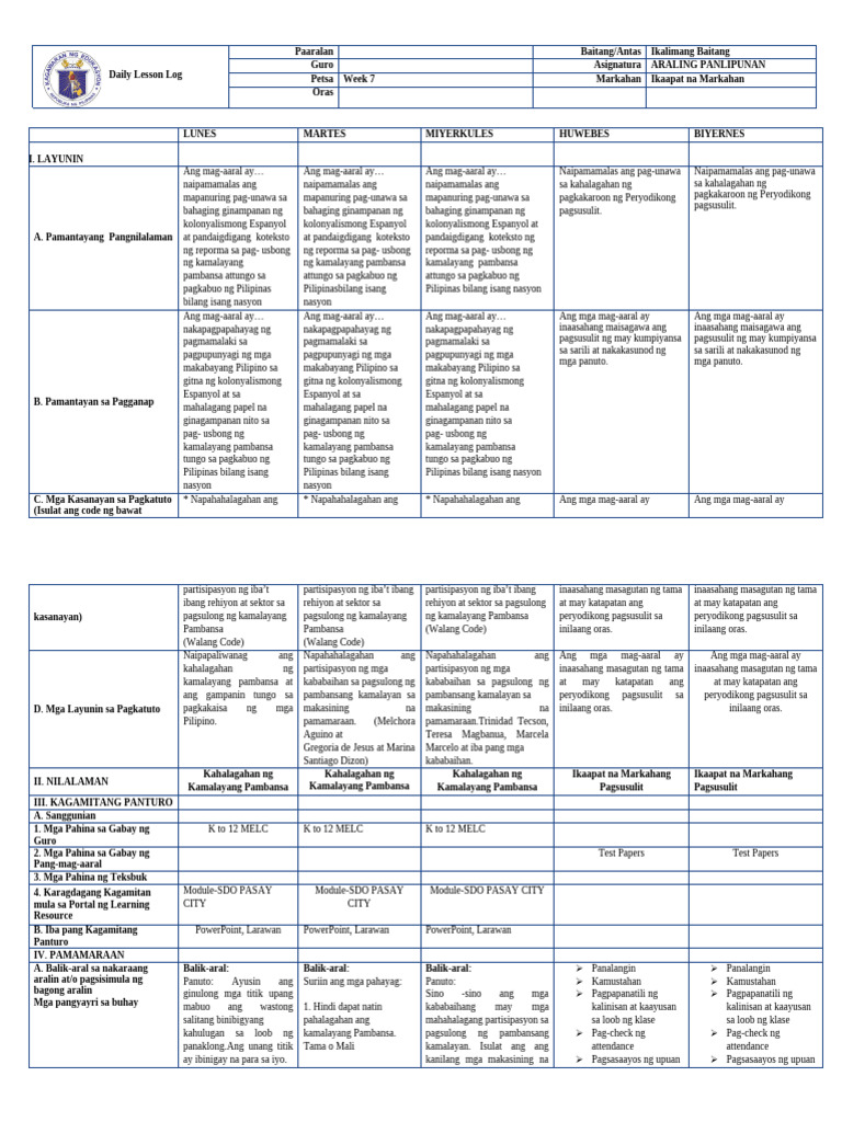 DLL Week 7-Q4 Ap 5 | PDF