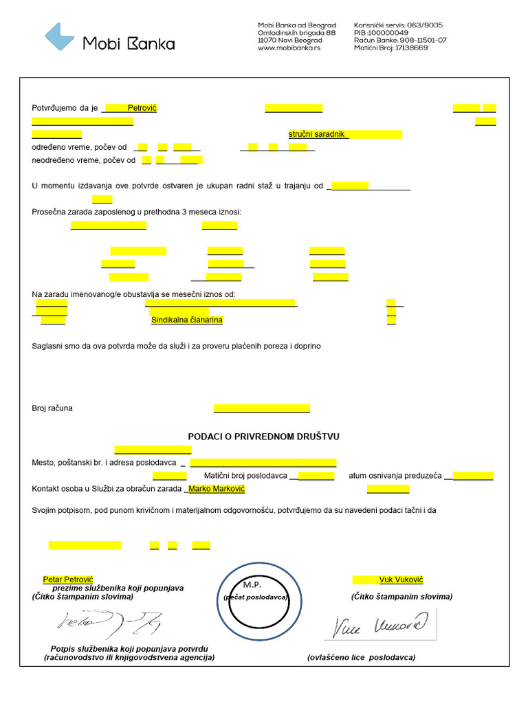 Potvrda o Zaposlenju i Visini Zarade Mobi - Popunjen | PDF