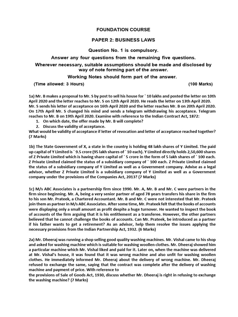 CA Foundation Business Law Exam Paper | PDF | Limited Liability ...