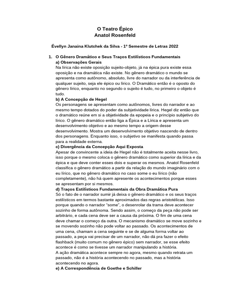 Resumo - O Teatro Épico - O Genero Dramatico e Seus Traços Estilísticos ...