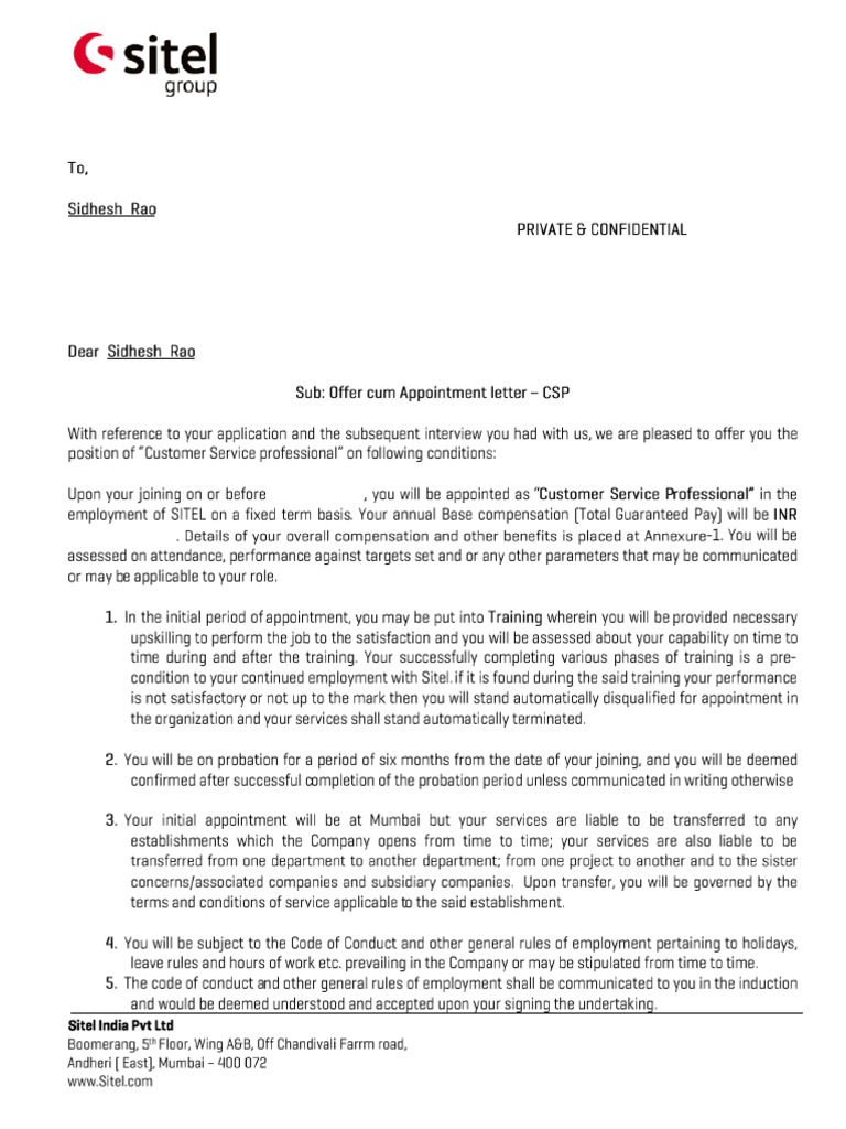 Appointment Letter Sitel | PDF | Employment | Insurance
