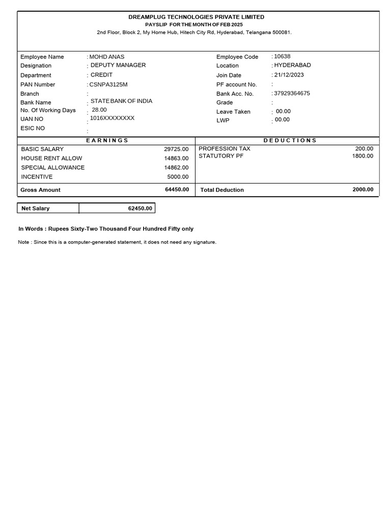 Mohd Anas Payslip Feb 2025 | PDF