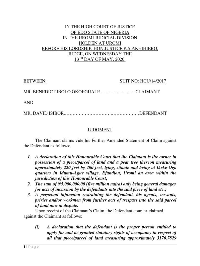 Land Dispute Judgment: Okoeguale vs Isibor | PDF | Burden Of Proof (Law ...