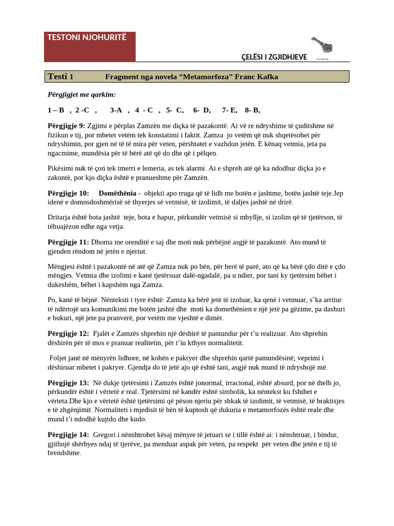 Çelësi I Testeve Letërsia 12 | PDF