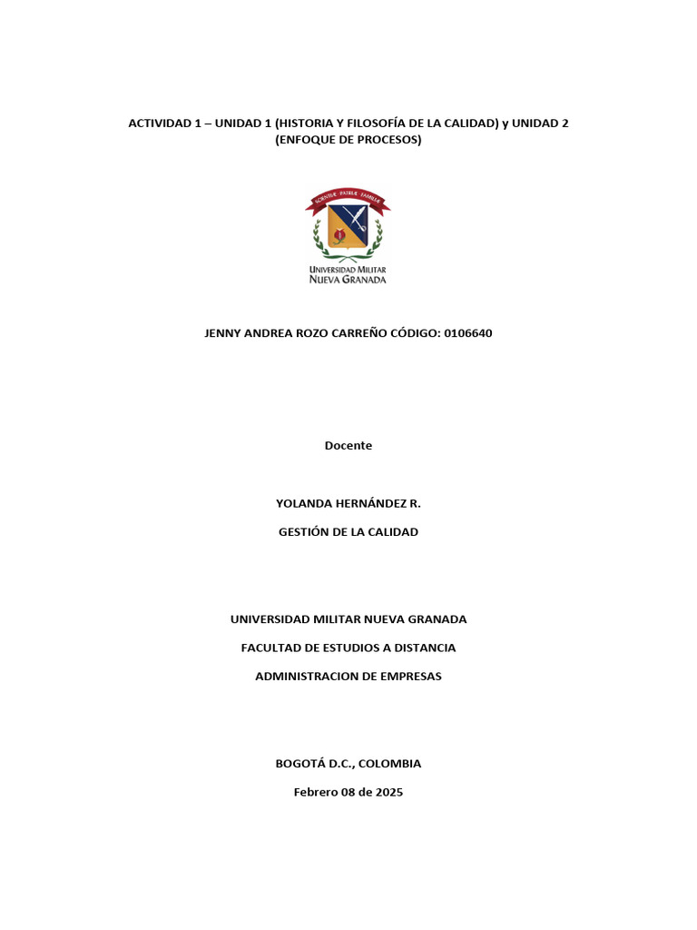 Actividad 1 JENNY ANDREA ROZO CARREÑO | PDF | Calidad (comercial ...