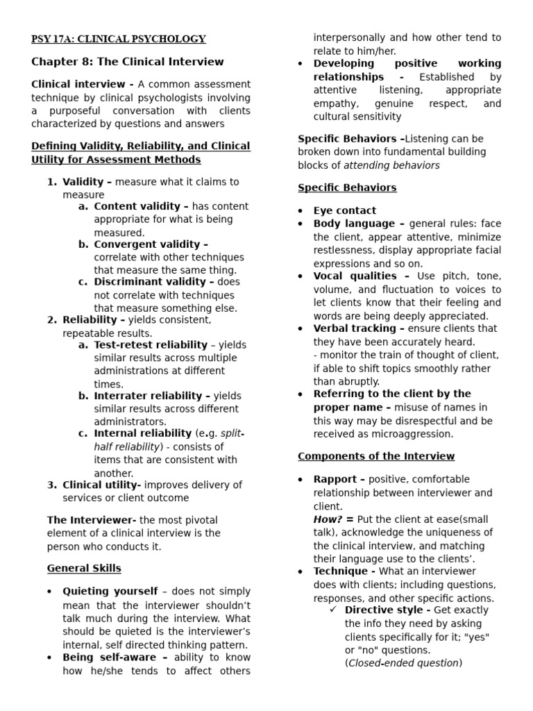 Chapter 8 The Clinical Interview | PDF | Validity (Statistics) | Clinical Psychology