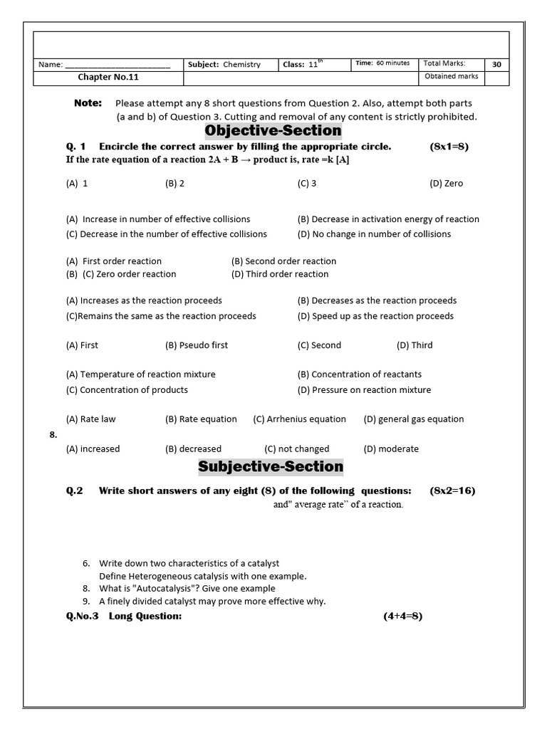 Class 11 Chemistry Exam Paper Pattern | PDF | Reaction Rate ...