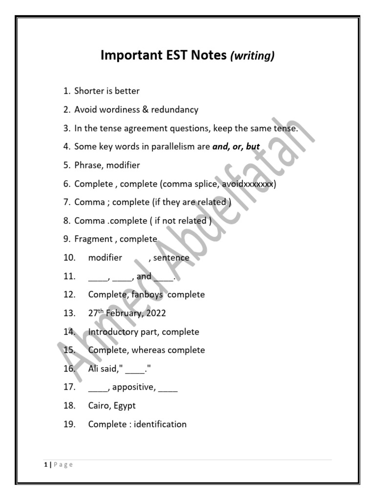Essential Writing Tips for EST Notes | PDF | Verb | Languages