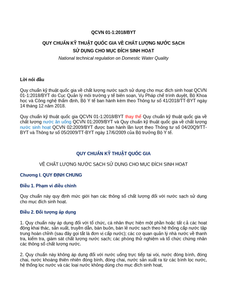QCVN 01-1-2018-ByT - Về Chất Lượng Nước Sạch Sử Dụng Cho Mục Đích Sinh Hoạt | PDF