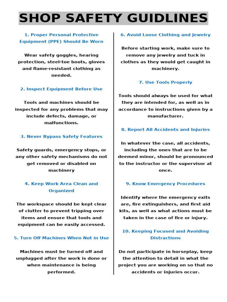 SHOP SAFETY GUIDLINES | PDF