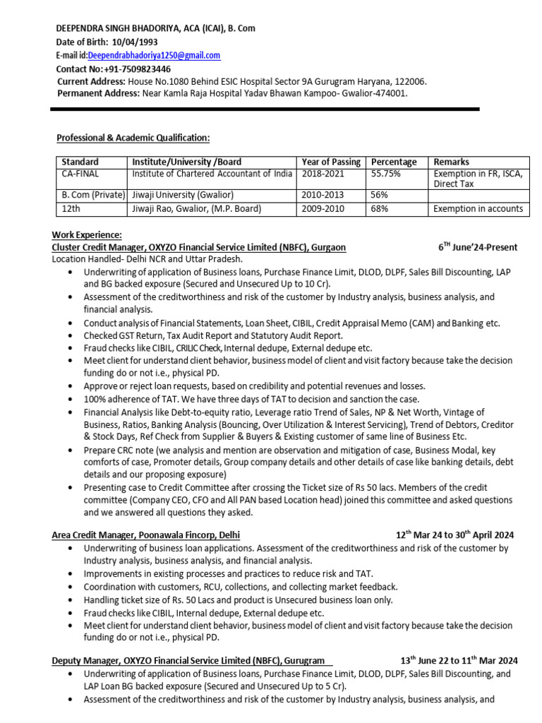 Deependra Singh Bhadoriya - CA Profile | PDF | Credit Risk | Unsecured Debt