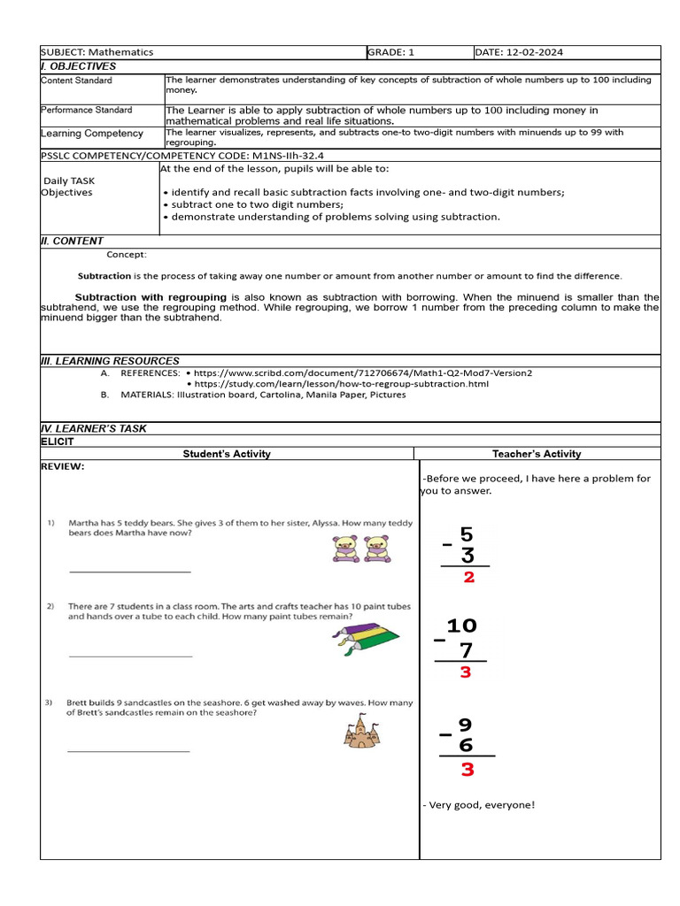 grade1group2 | PDF | Subtraction | Learning