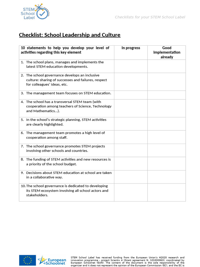Checklist - School Leadership and Culture | PDF