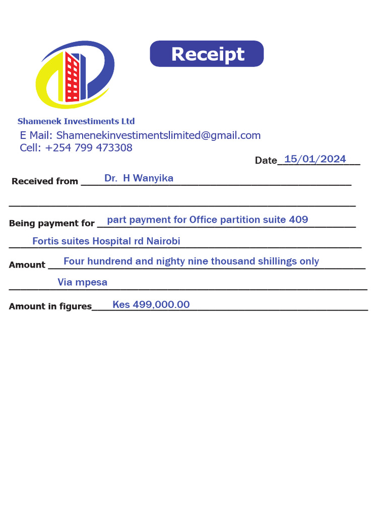 Dr. Wanyika Partition Receipt 1 | PDF