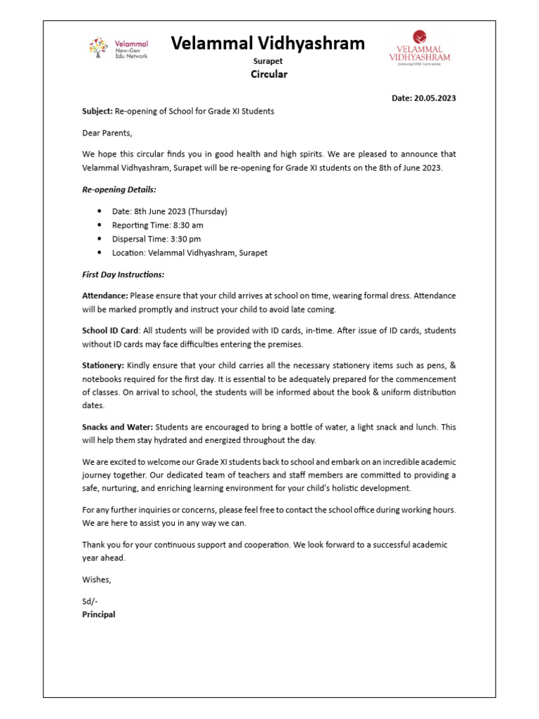 VVS Grade XI School Reopening Circular 2023-24 | PDF | Hairstyle | Human Appearance