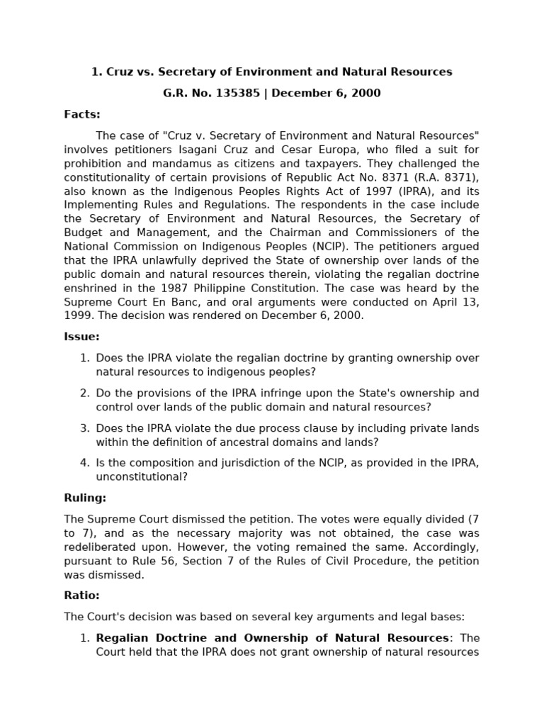 Cruz v. DENR: IPRA Constitutionality Case | PDF | Burden Of Proof (Law ...