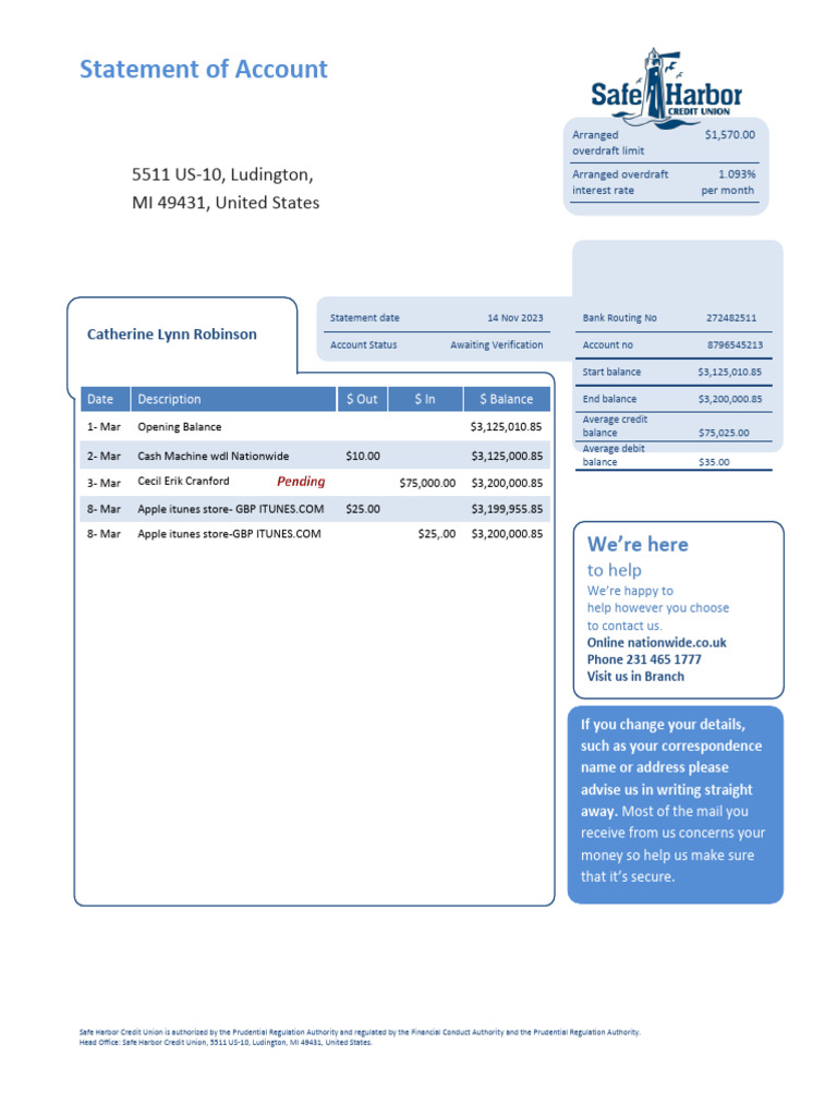 Safe harbor-Bank-Statement-1 | PDF | Overdraft | Money