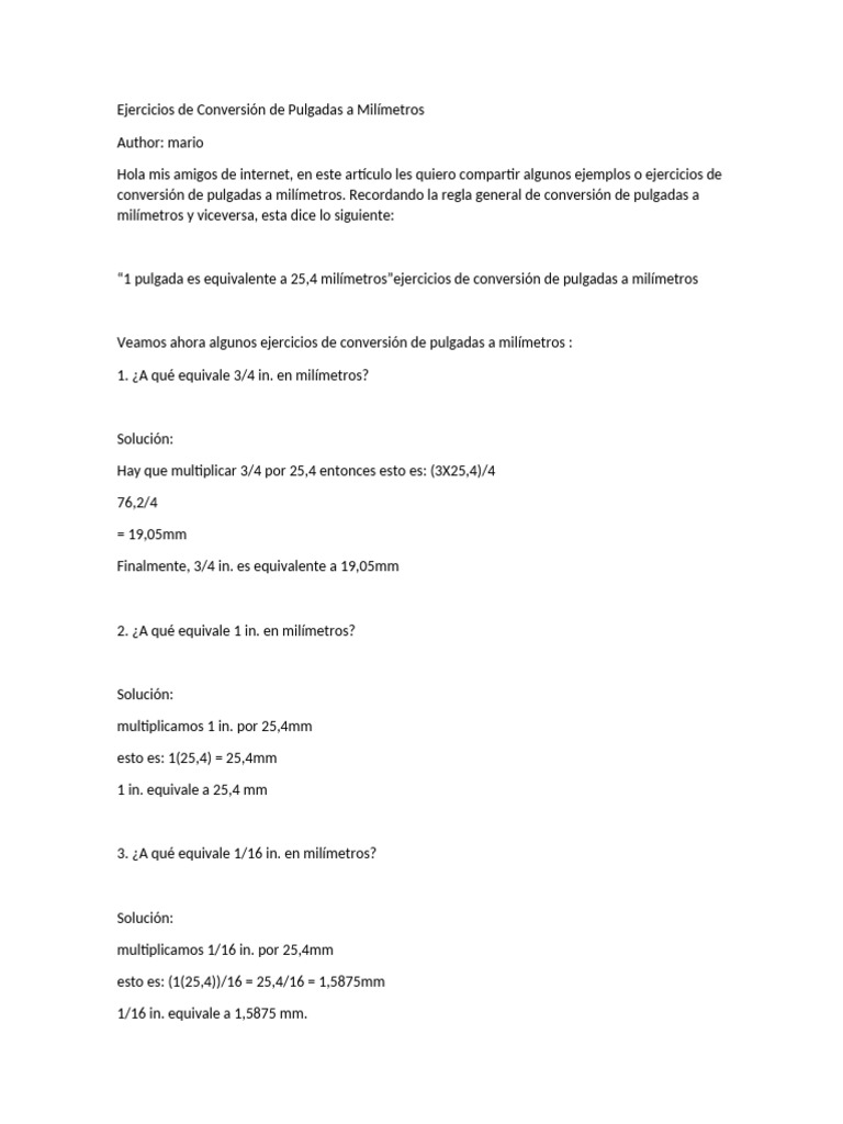 Ejercicios de Conversión de Pulgadas a Milímetros | PDF | Pulgada ...