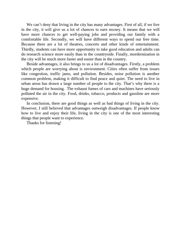 Advantages and Disadvantages of Living in The City | PDF