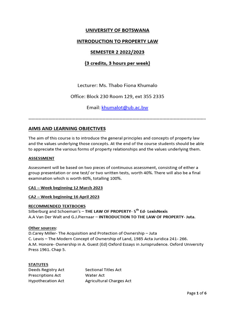LAW 201 Course Outline 2023 | PDF | Law Of Obligations | Property Law