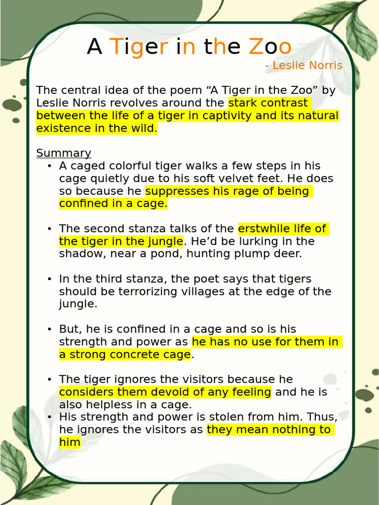 Captivity vs. Freedom in Tiger's Life | PDF | Poetry | Tiger