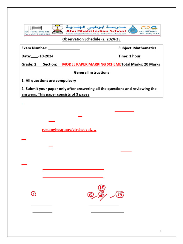 Grade 2 Maths Model Paper Answers | PDF