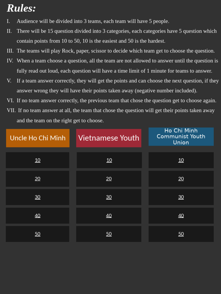 Simple Jeopardy Style Game | PDF | Ho Chi Minh | Vietnam