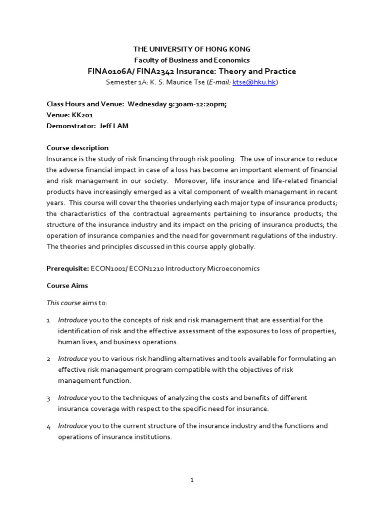 FINA2342 Insurance Course Outline Fall2024 | PDF | Academic Dishonesty | Insurance