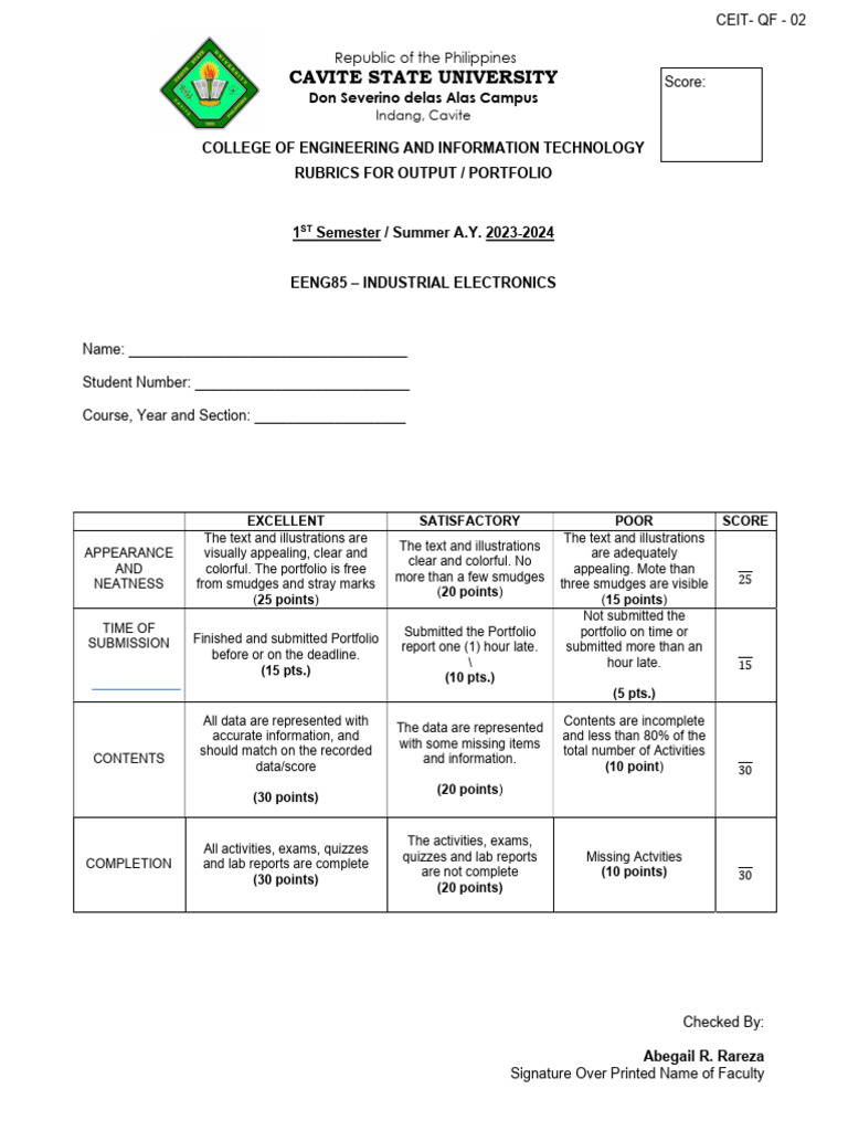 Eeng 85 Rubrics For Portfolio | PDF