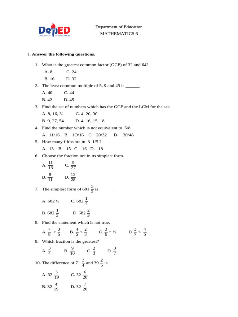 PT - Mathematics 6 - Q1 V3 | PDF | Discrete Mathematics | Abstract Algebra