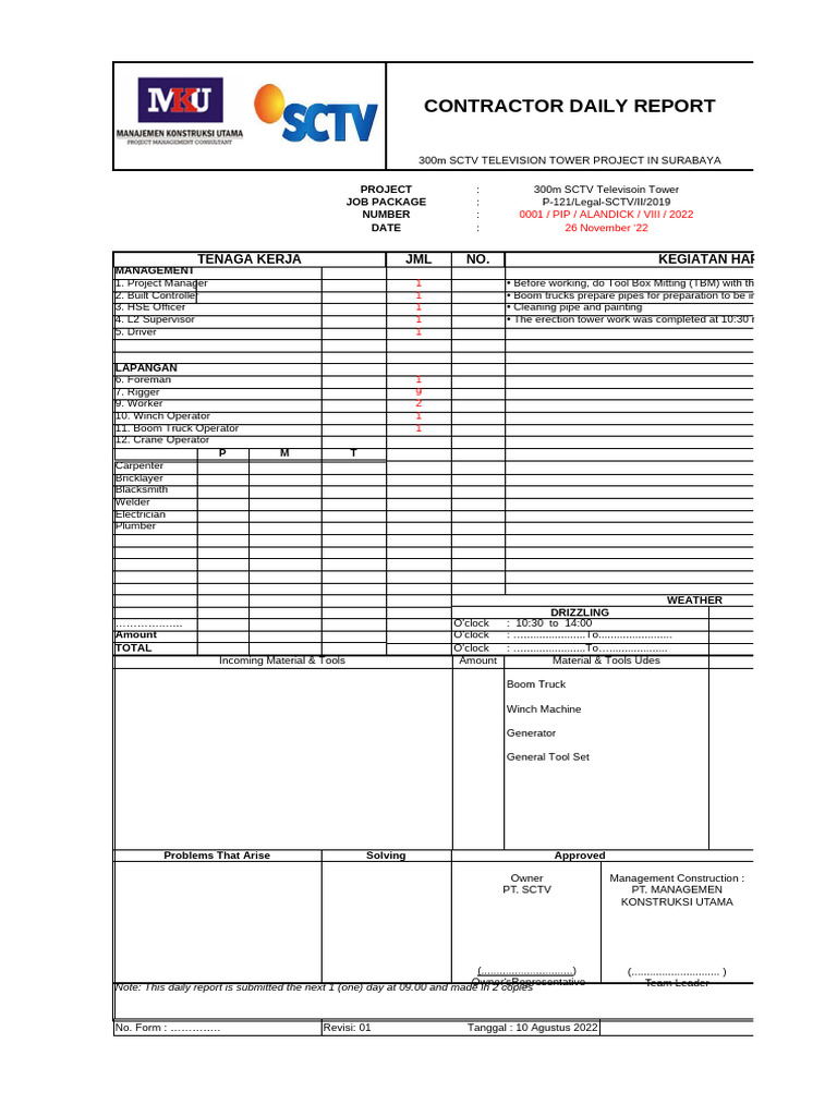 DAILY & MONTHLY REPORT TEMPLATE November-Desember 2022 | PDF | Crane ...