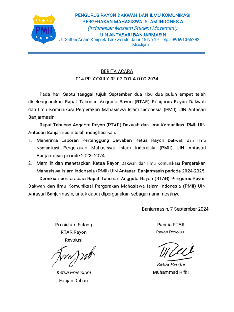 Rapat Tahunan PMII UIN Antasari 2024 | PDF