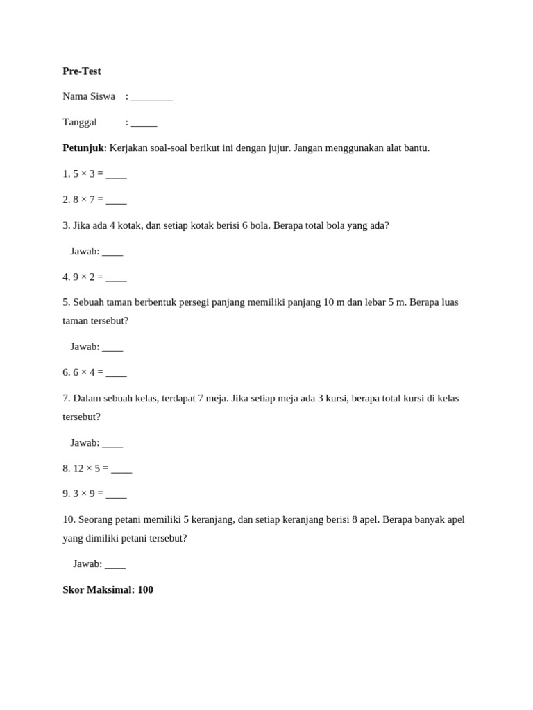 Pre-Test Matematika Dasar Siswa | PDF