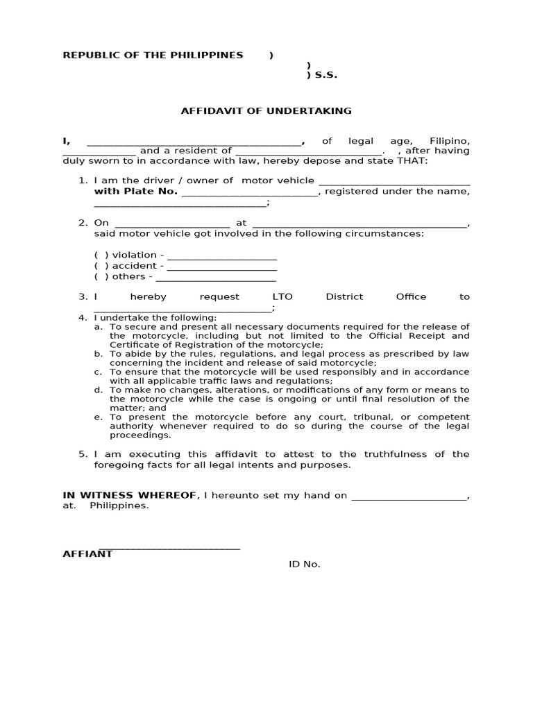 Affidavit of Undertaking for Vehicle Release | PDF
