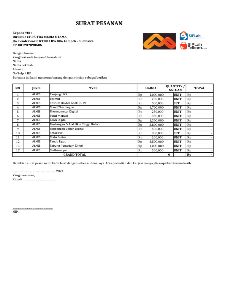 Surat Pesanan Alkes 2025 (Pmu) | PDF