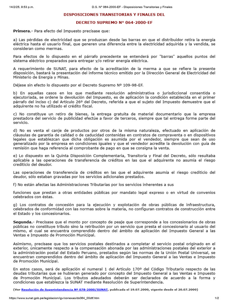 D.S. #064-2000-EF - Disposiciones Transitorias y Finales | PDF | Impuestos